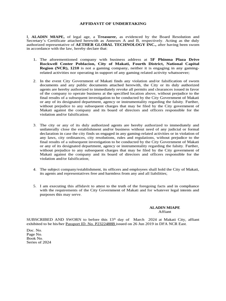 Affidavit of Undertaking Sbluz | PDF | Affidavit | Justice