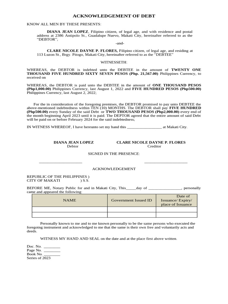 Acknowledgement of Debt - Loan | PDF | Debt | Creditor