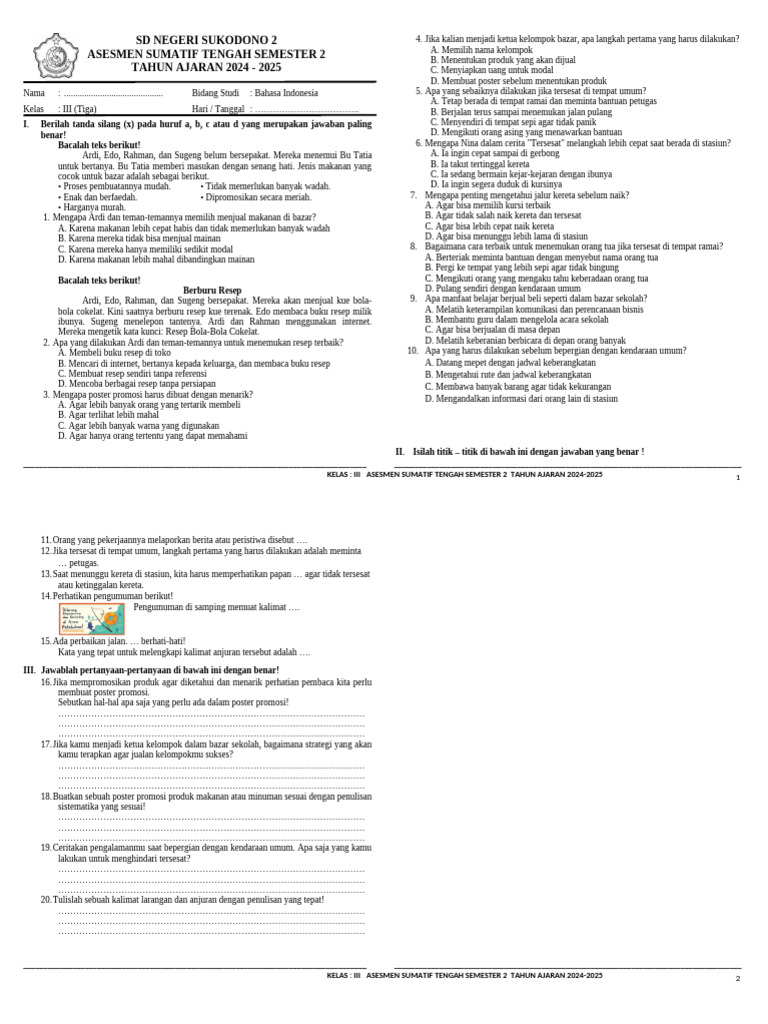 ASTS 2 - Bahasa Indonesia Kelas 3 Semester Genap 2024-2025 | PDF