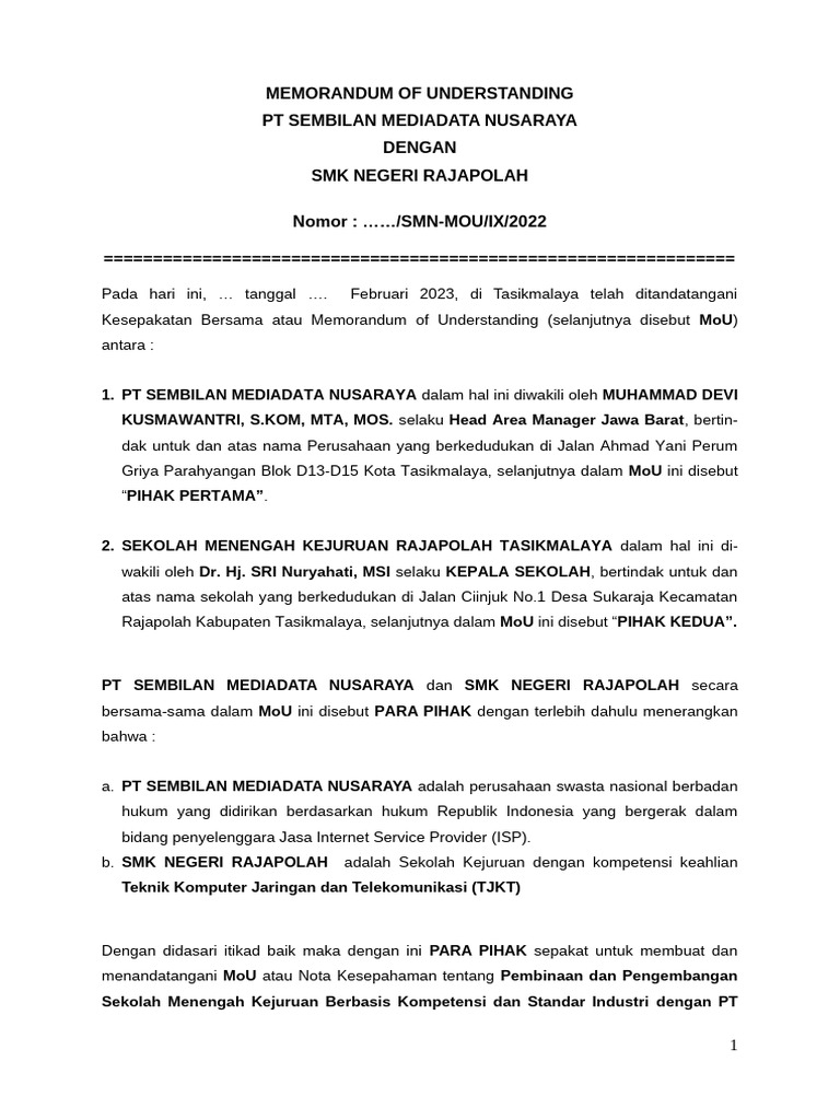 DRAFT MOU Mitra Pendamping Industri PK | PDF