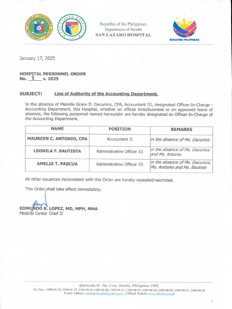 Hospital Personnel Order No. 11 S. 2025 | PDF