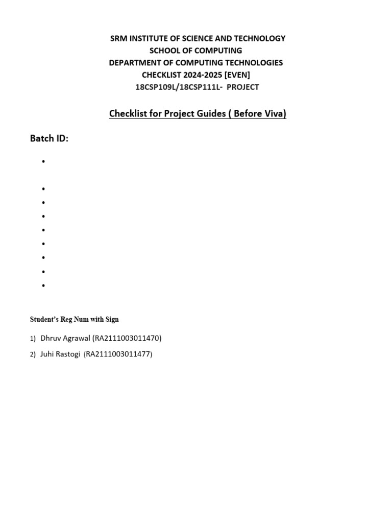 Checklist For Project Guides (Before Viva) Batch ID | PDF
