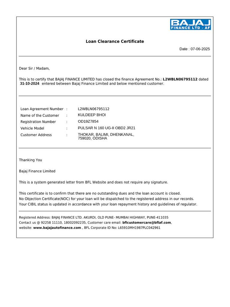 Loan Closure Certificate | PDF
