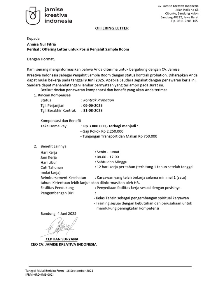 Offering Letter Annisa Sample Room Jamise 2025.docx - PDF 20250605 ...
