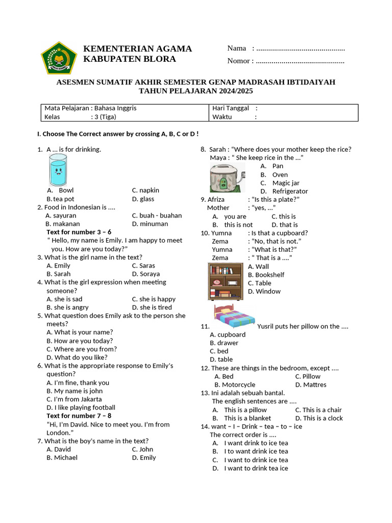Soal - Bahasa Inggris Kls 3 - Asas - Genap 2025 | PDF
