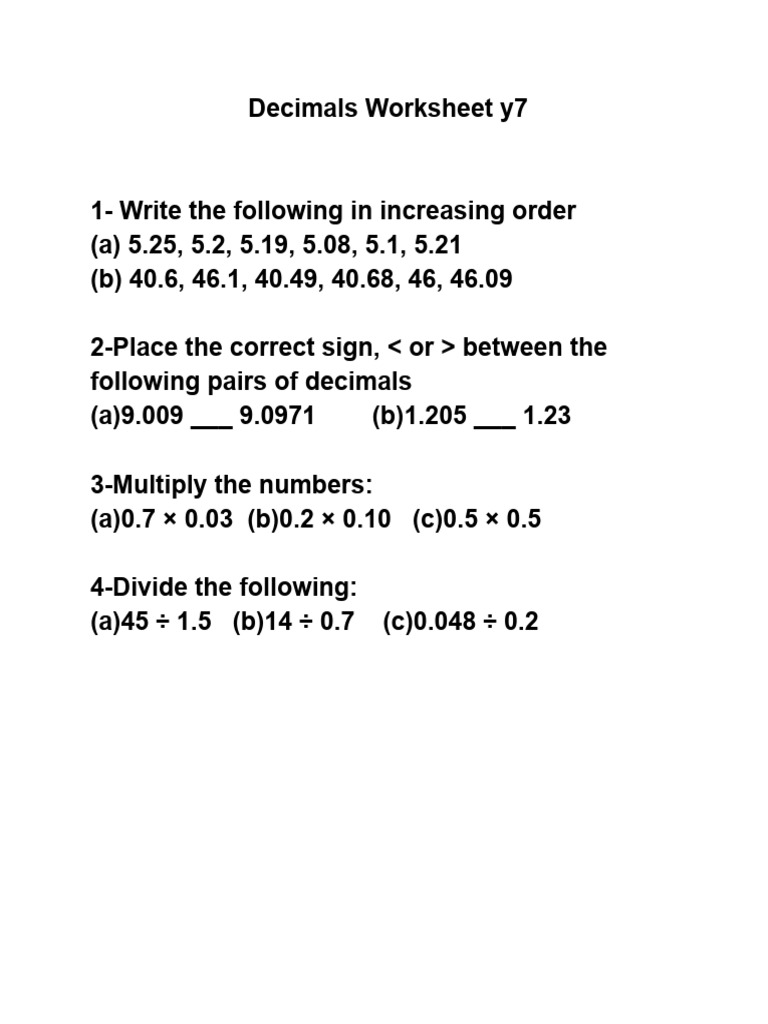 Decimals Worksheet Y7 | PDF