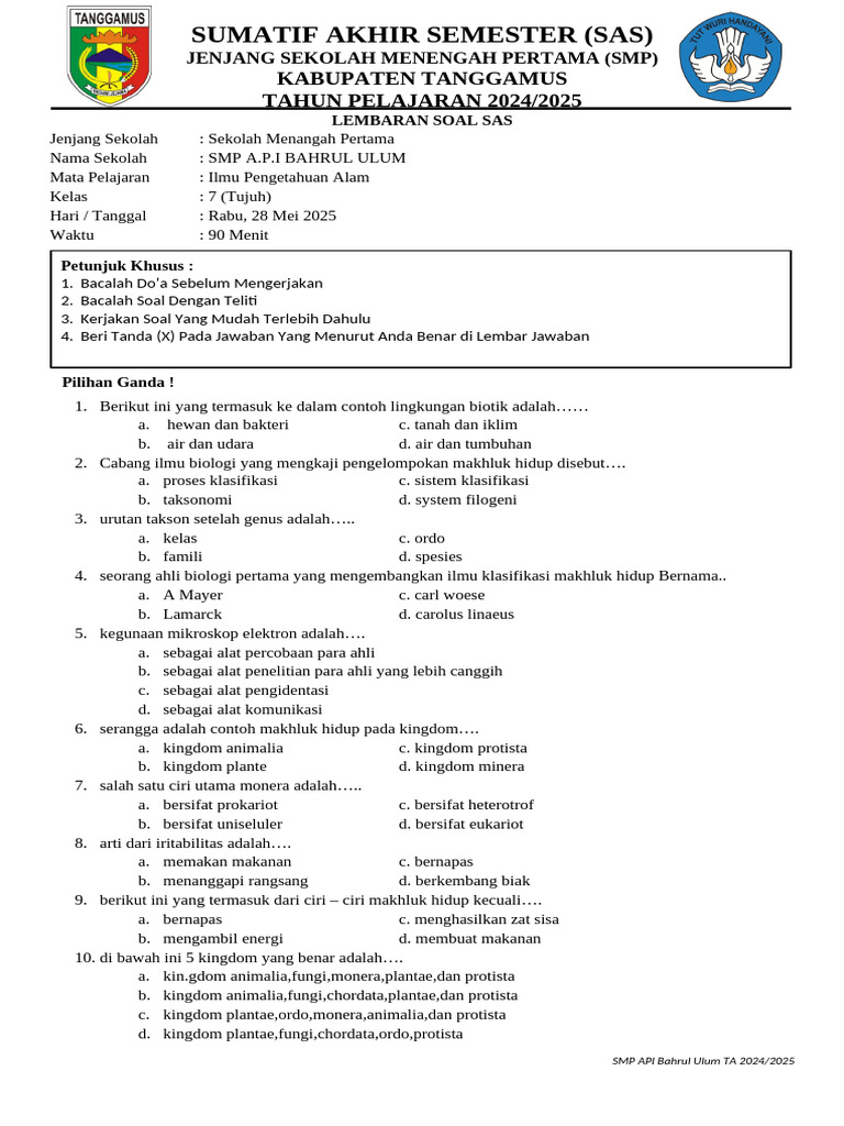 Soal Uas Ipa Semester Genap Smp | PDF