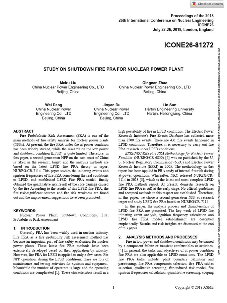 Study On Shutdown Fire PRA For Nuclear Power Plant | PDF | Nuclear ...