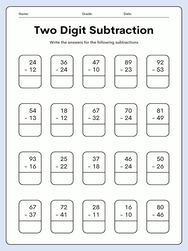 Two Digit Subtraction Set of Worksheets in Colorful and Monochromatic ...
