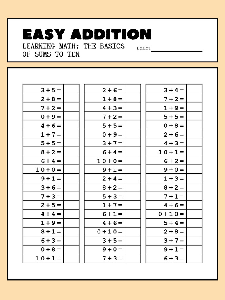 Addition 0-10 Sums To Ten Math Worksheet in White Yellow Simple Style | PDF