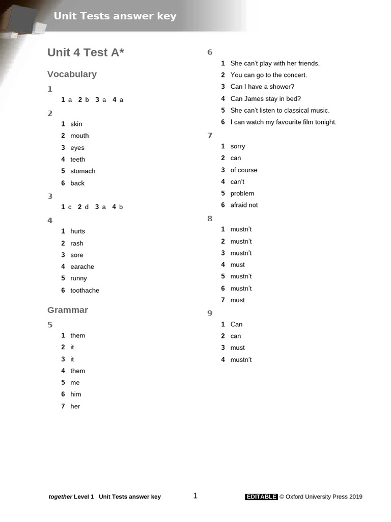 Unit Tests Answer Key for Level 1 | PDF | Otorhinolaryngology ...