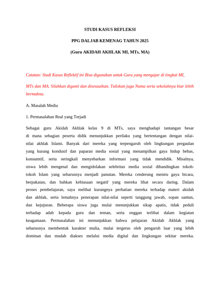 Studi Kasus Refleksi Akidah Akhlak | PDF