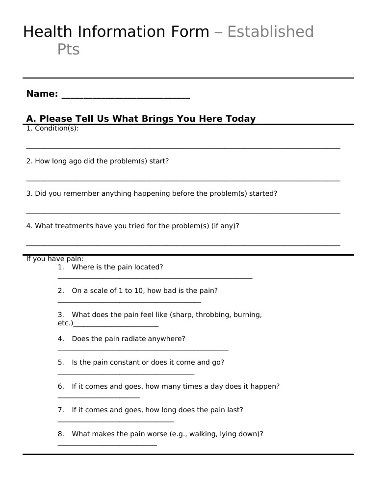 Medical HX Form-Est | PDF | Food Intolerance | Pain
