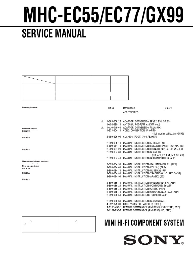 Sony MHC-EC55/EC77/GX99 Service Manual | PDF | Electronics | Electrical ...
