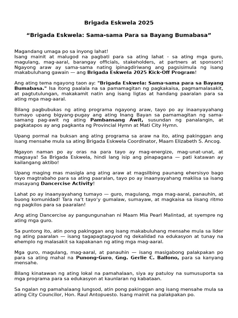 Brigada Eskwela Kick-Off Script | PDF