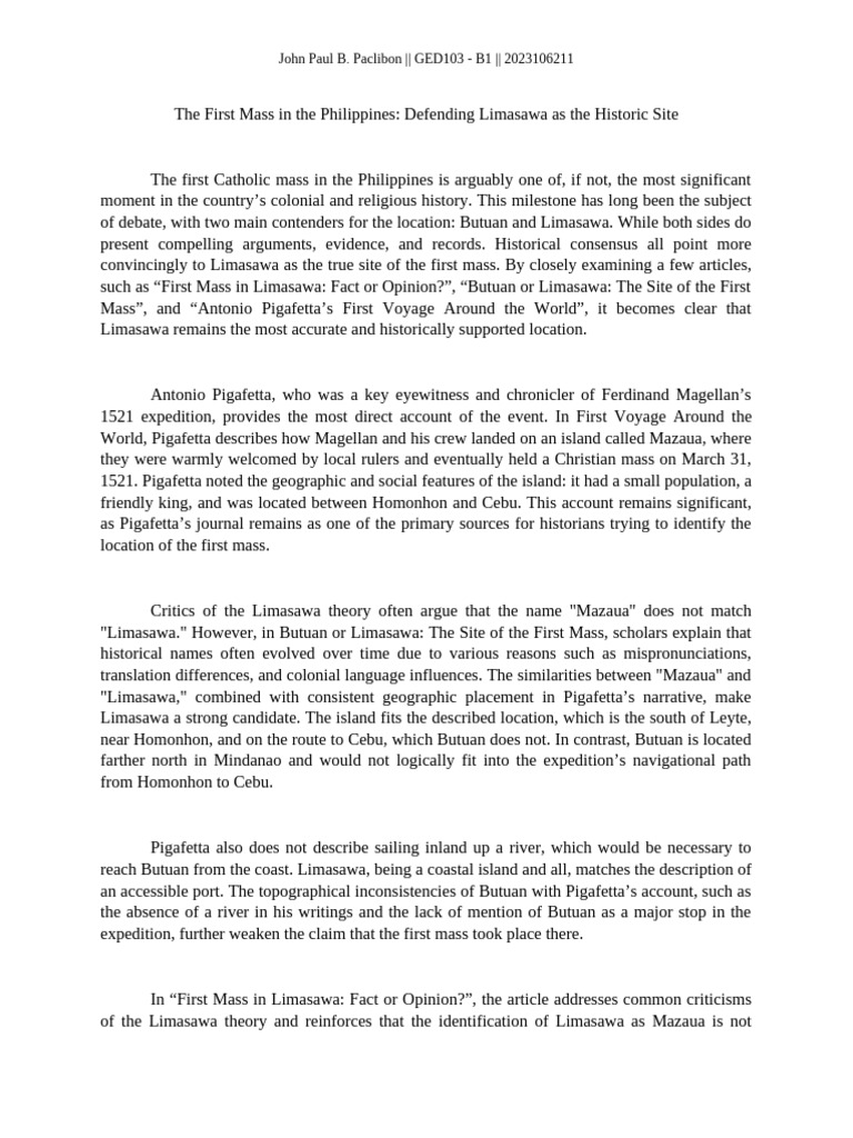 The First Mass in The Philippines - Paclibon | PDF