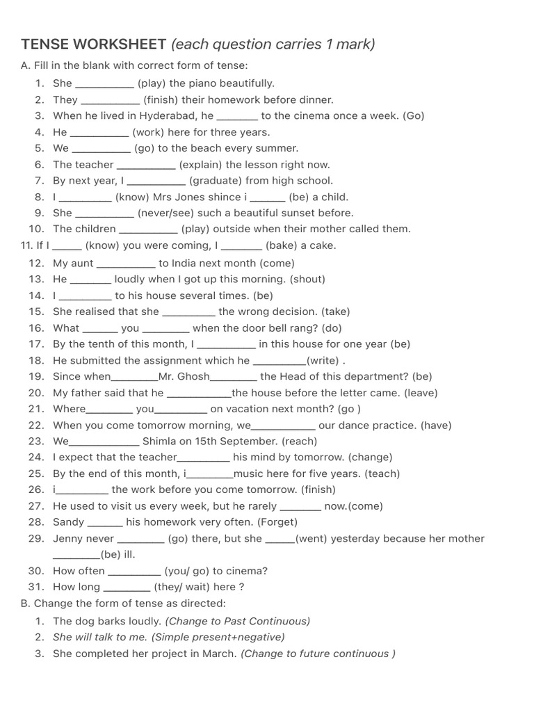 Tense Worksheet: Practice Exercises | PDF