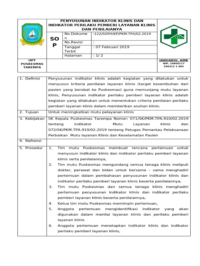 Sop Penyusunan Indikator Klinis Dan Indikator Perilaku Pemberi Layanan ...