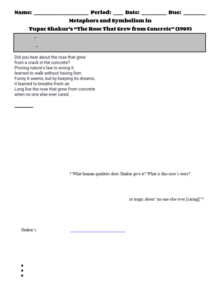 Name: - Period: - Date: - Due: - Metaphors and Symbolism in Tupac ...