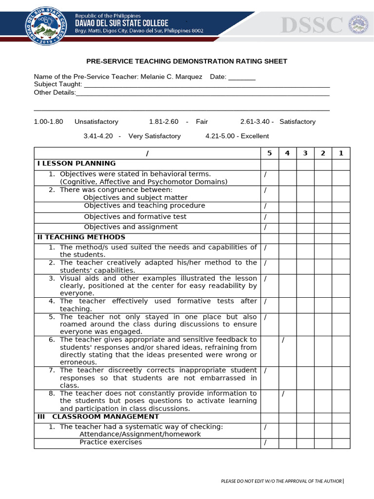 Pre-Service Teacher Evaluation Sheet | PDF | Teachers | Teaching Method