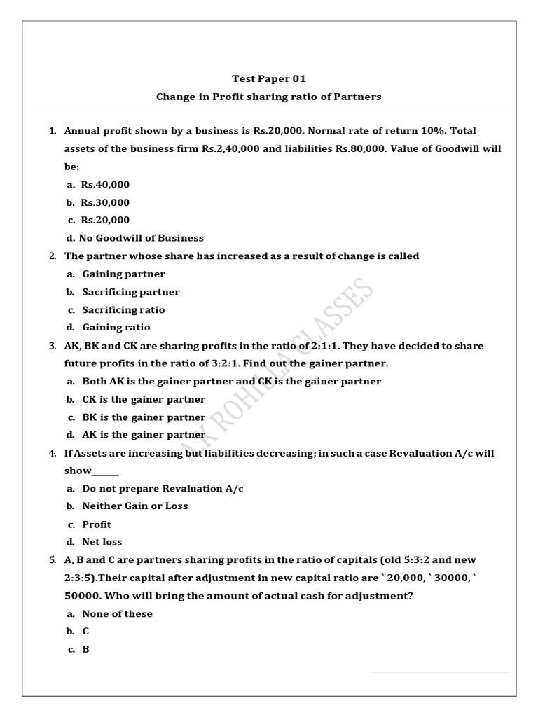 Test Paper 01 Profit Sharing | PDF | Goodwill (Accounting) | Balance Sheet