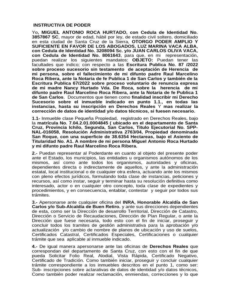 Instructiva de Poder Miguel Antonio Roca Hurtado Original | PDF