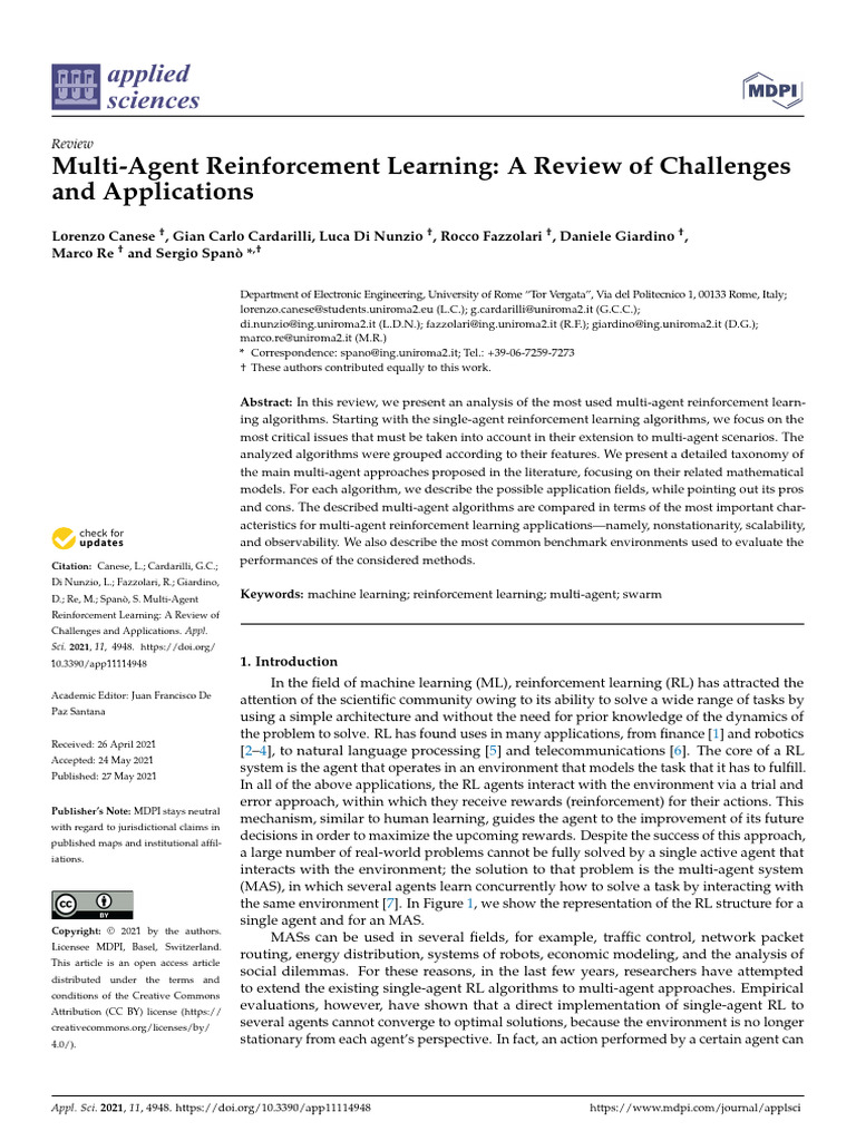 Multi-Agent Reinforcement Learning A Review of Cha | PDF | Learning ...