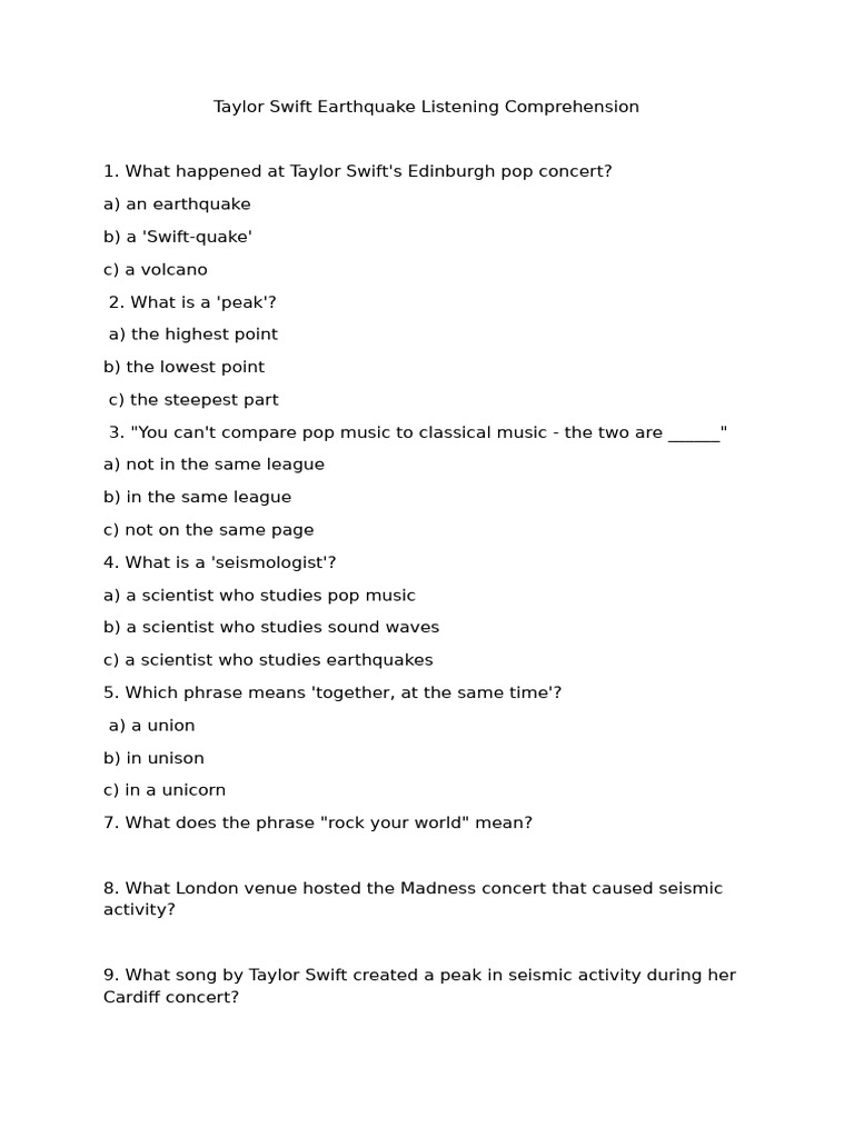 Taylor Swift Earthquake Listening Comprehension | PDF