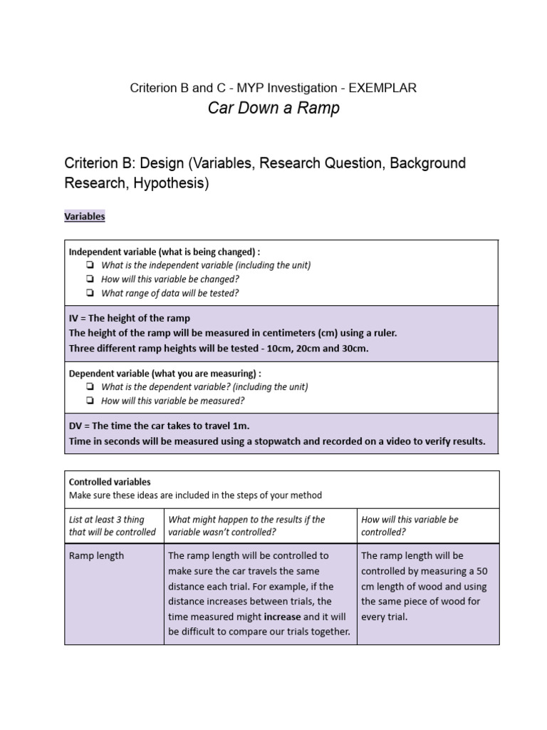 Myp Year 4-5 Crit B-C Exemplar - Car and Ramp | PDF | Data | Experiment