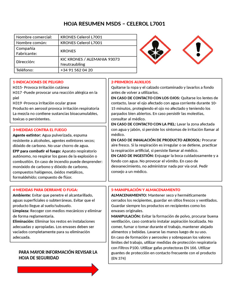 Resumen MSDS Celerol L 7001 | PDF | Agua | Respiración