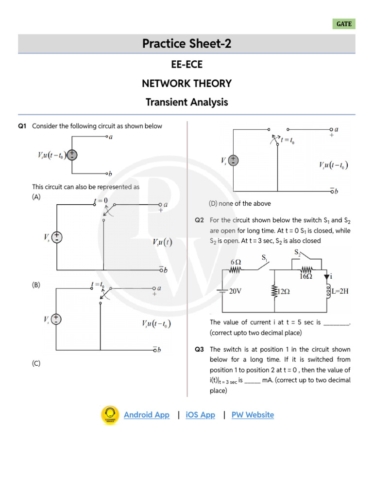 Transient Analysis - Practice Sheet 02 | PDF | Capacitor | Electrical Network