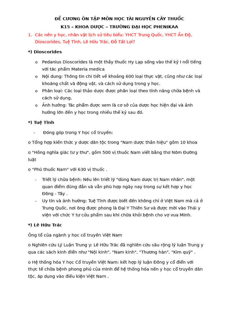 Đề cương Tài nguyên cây thuốc 2024 K15 2 | PDF
