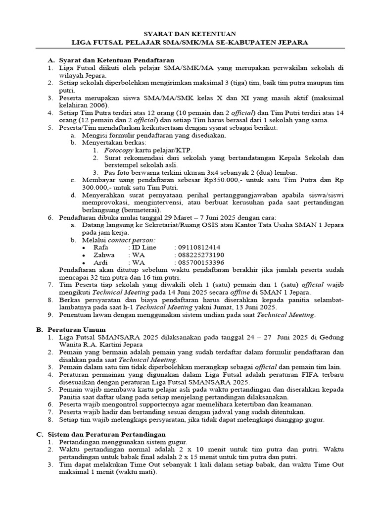 Syarat Liga Futsal Pelajar Jepara 2025 | PDF