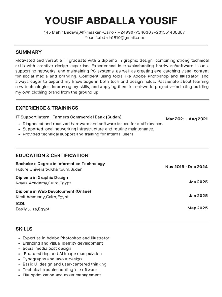 Yousif Abdalla Yousif: IT Support Intern, Farmers Commercial Bank (Sudan) | PDF
