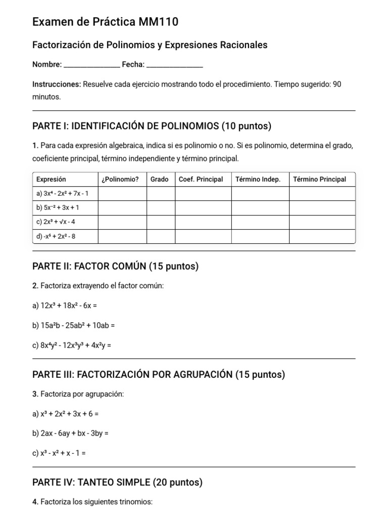 Examen de Factorización de Polinomios | PDF | Factorización | Matemáticas