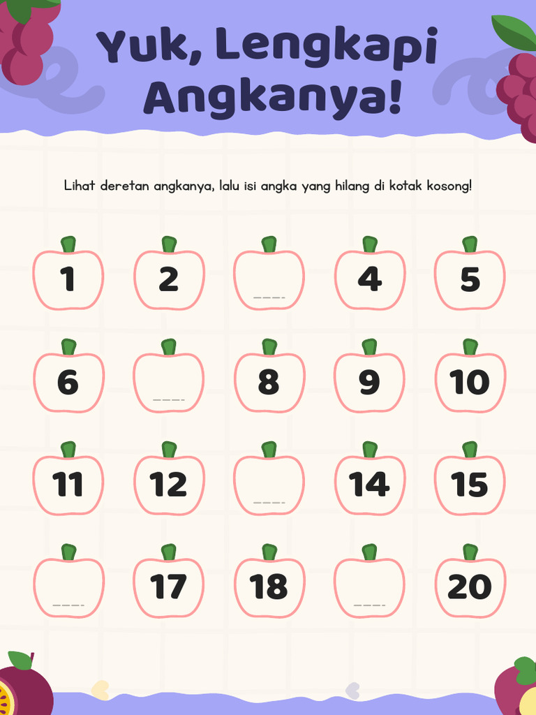 Lembar Kerja Belajar Melengkapi Angka Ungu Ilustrasi | PDF
