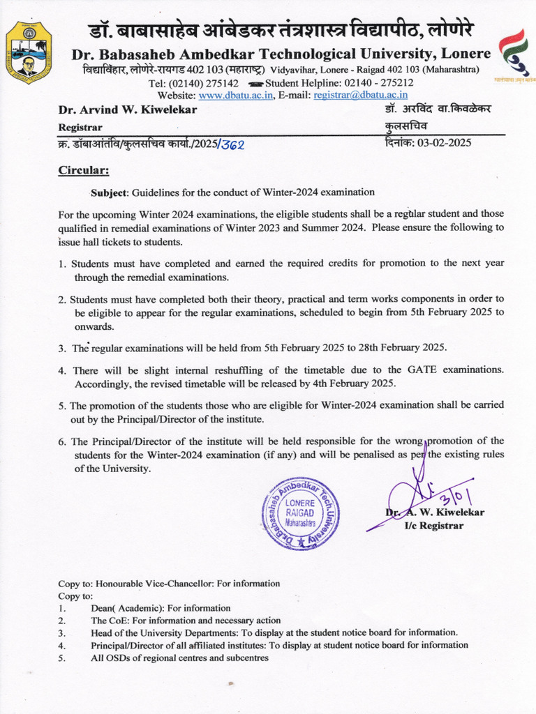 Circular EXAM Guidelines For Winter 2024 Exam 362 | PDF