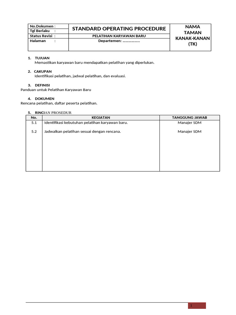 Sop Pelatihan Karyawan Baru | PDF