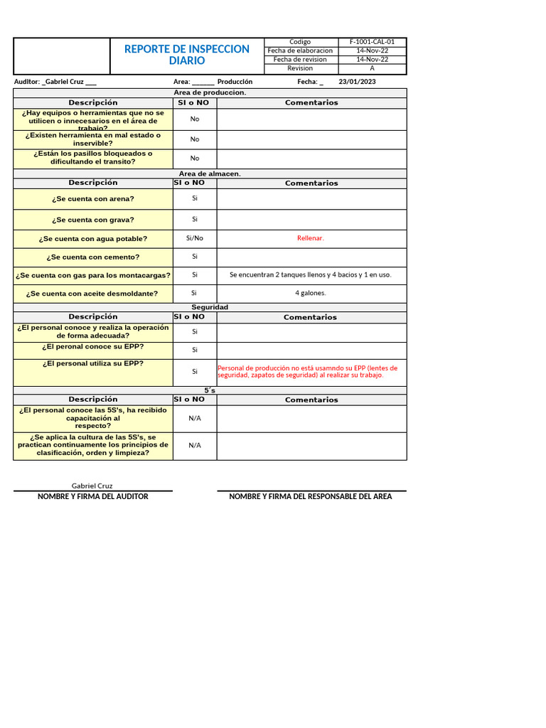 F-1001-CAL-01 Formato Reporte de Inspección Diario | PDF