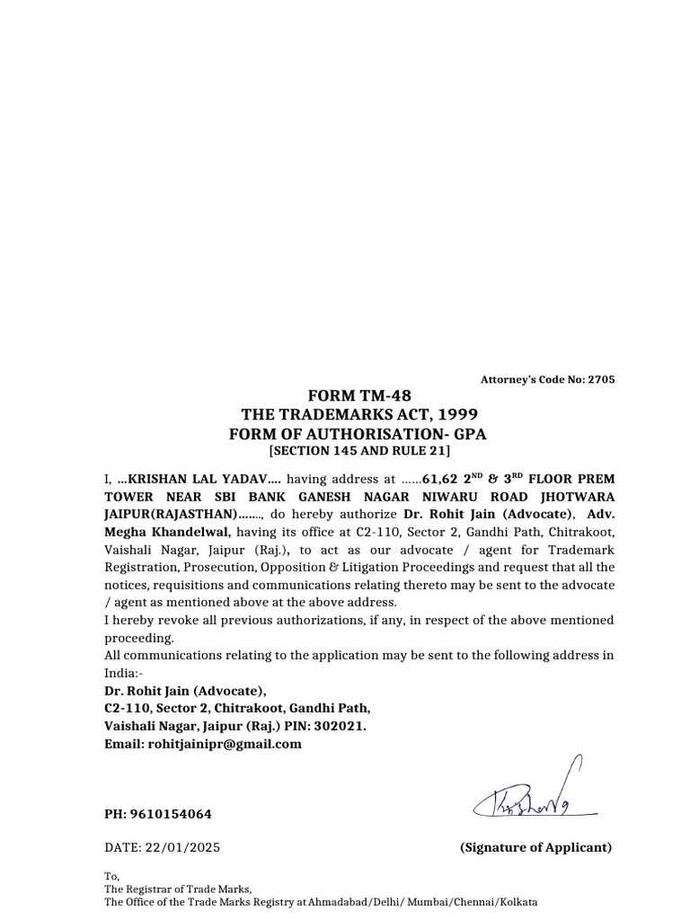 Power of Authorisation - Trademark | PDF