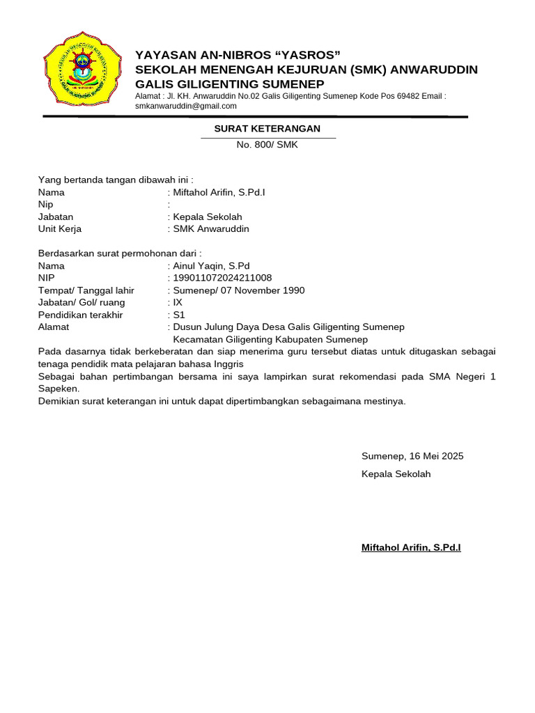 Surat Keterangan Penerimaan Guru SMK Anwaruddin | PDF