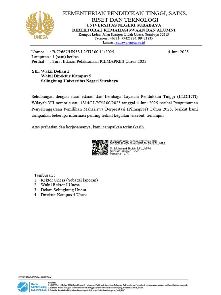 Surat Edaran Pelaksanaan Pilmapres Unesa 2025 | PDF