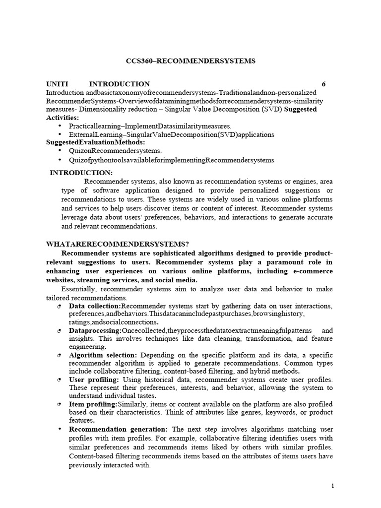 UNIT I - Introduction-Recommender Systems | PDF | Principal Component Analysis | Euclidean Vector