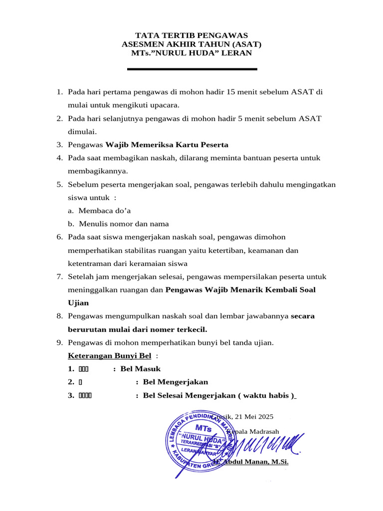 Tata Tertib Pengawas ASAT MTs Nurul Huda | PDF
