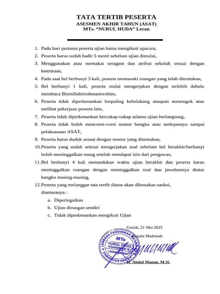 Tata Tertib ASAT MTs Nurul Huda | PDF