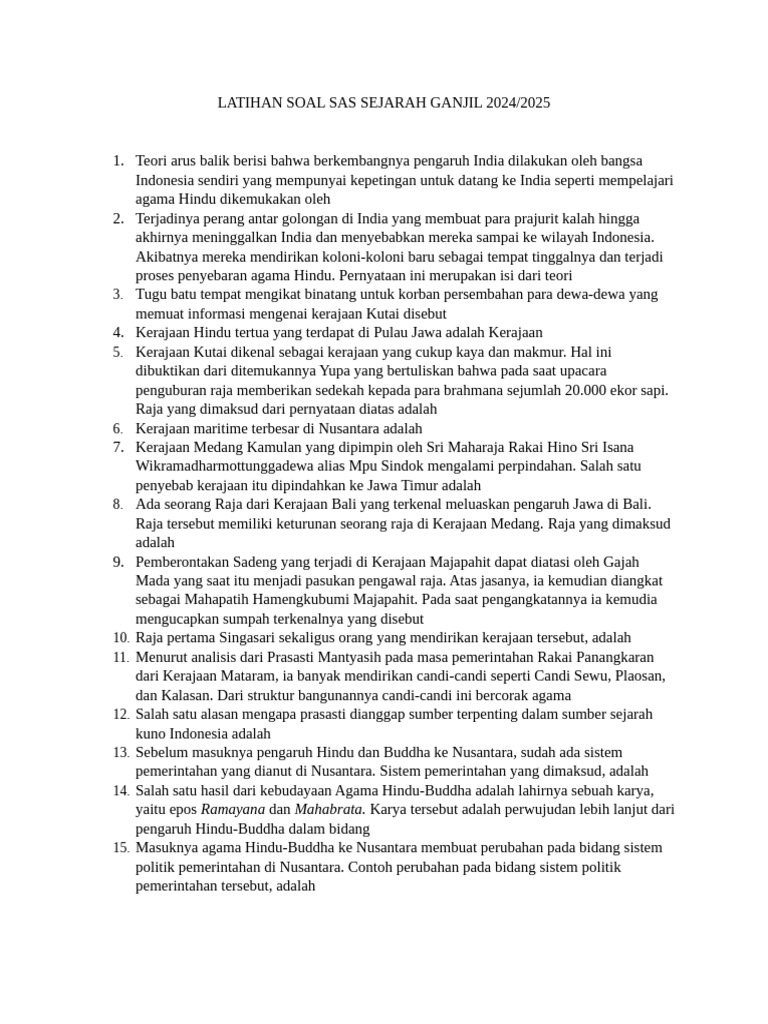 Latihan Soal Sas Sejarah X Ganjil 2024 | PDF