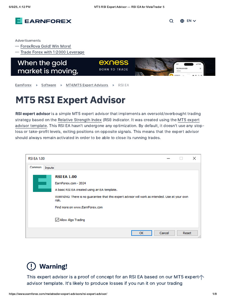 MT5 RSI Expert Advisor - RSI EA For MetaTrader 5 | PDF