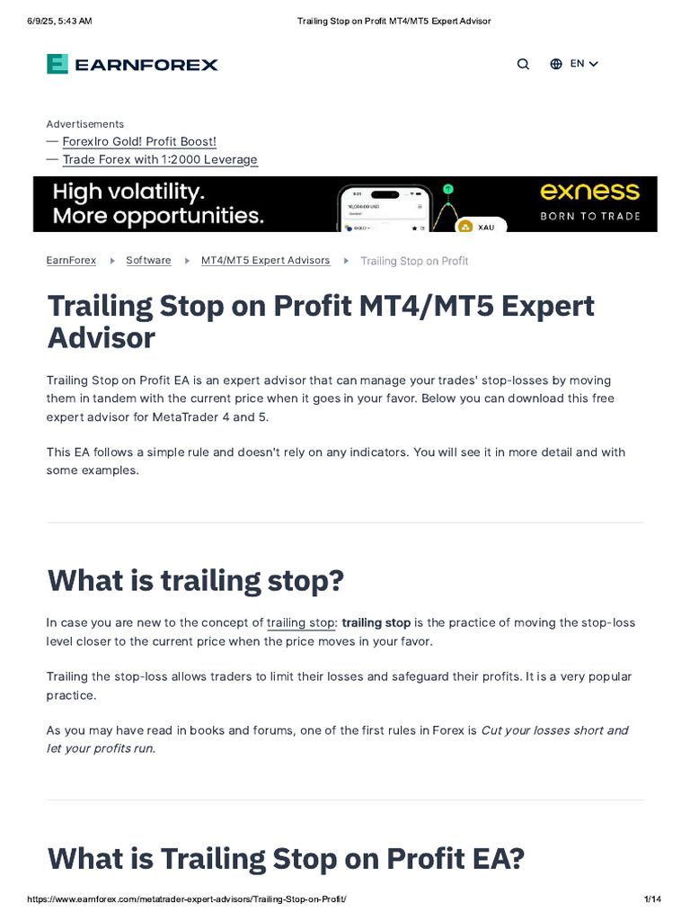 Trailing Stop On Profit MT4 - MT5 Expert Advisor | PDF
