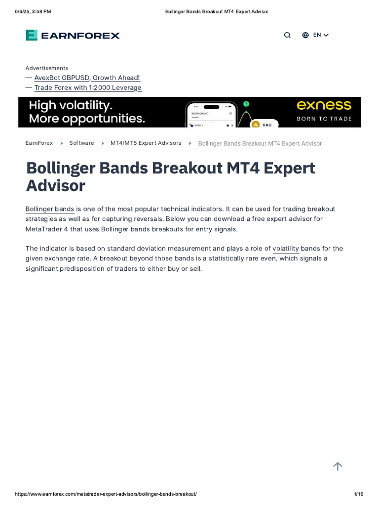 Bollinger Bands Breakout MT4 Expert Advisor | PDF