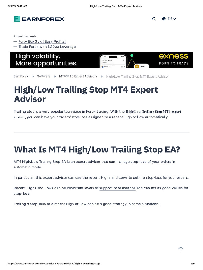 High - Low Trailing Stop MT4 Expert Advisor | PDF